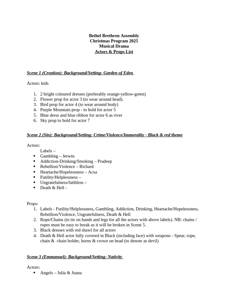 BBA X'Mas '25 MusicalDrama Actors&PropsList | PDF