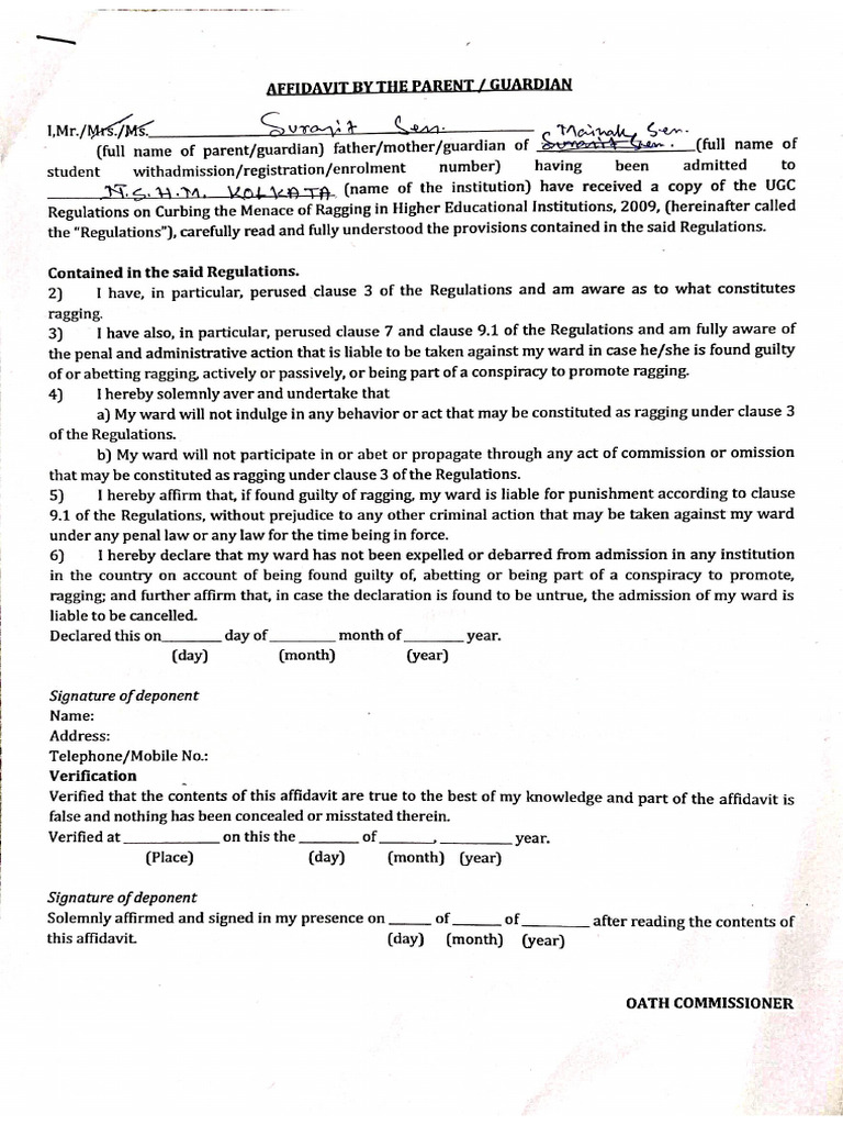 UGC ANTI RAGGING Affidavit by Student and Parent | PDF