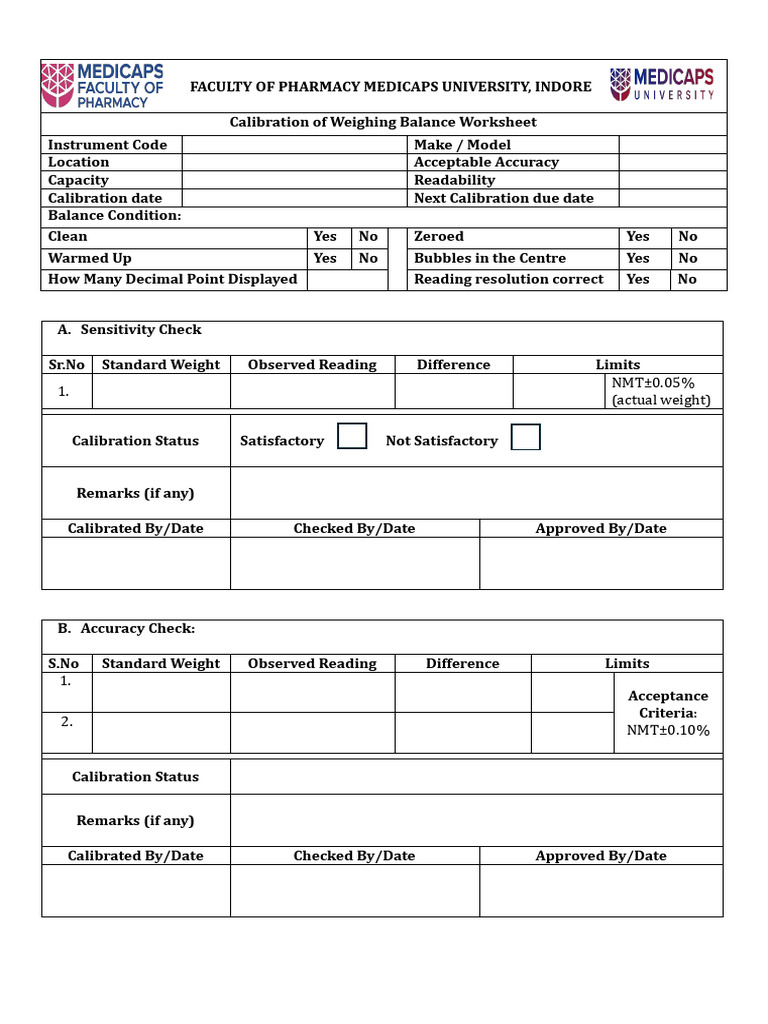 Weighing Balance Calibration Worksheet | PDF | Calibration | Accuracy ...