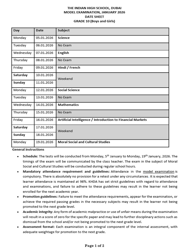 Grade 10 Model Exam Schedule 2026 | PDF | Educational Assessment ...