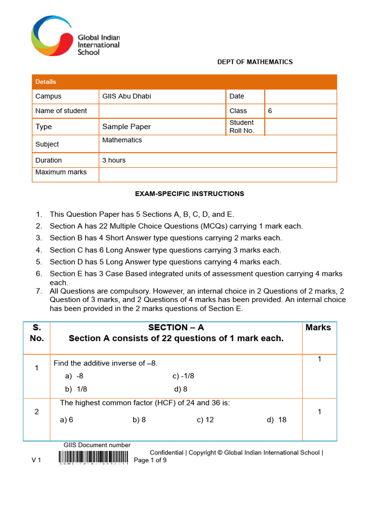 Grade -6 Sample Paper for Half-yearly (Repaired).Docx | PDF | Numbers ...
