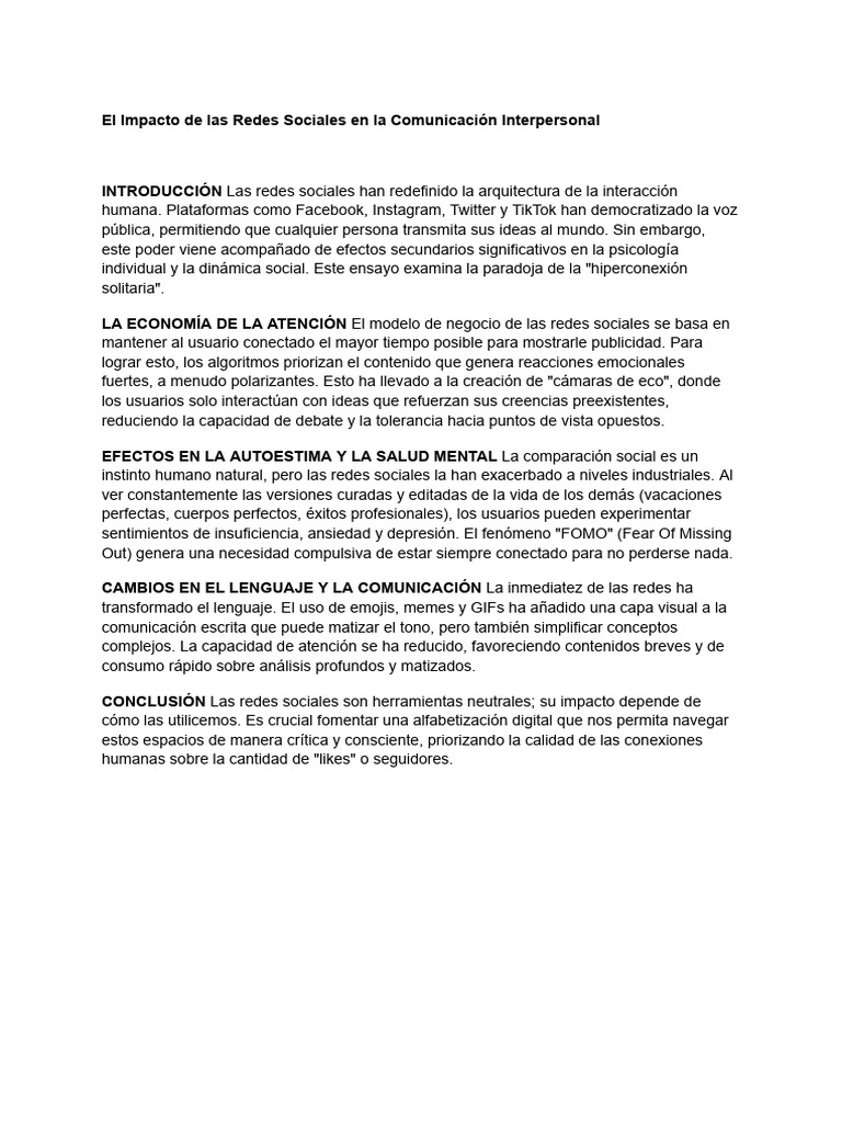 El Impacto de Las Redes Sociales en La Comunicación Interpersonal | PDF