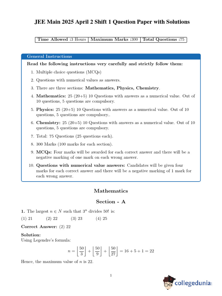 Jee Question Papers Shift1 2 Apr With Solution | PDF | Sphere | Circle