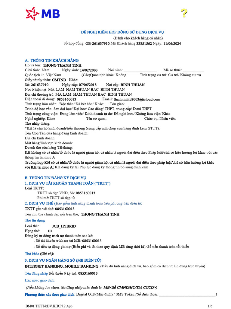 Hop Dong Su Dung Dich Vu Ngan Hang So Voi MB | PDF