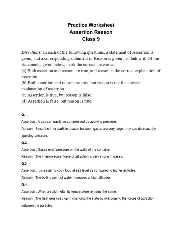 Assertion - Reason Class 9 Chemistry | PDF | Gases | Heat