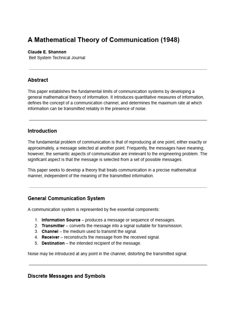 A Mathematical Theory of Communication(1948) | PDF