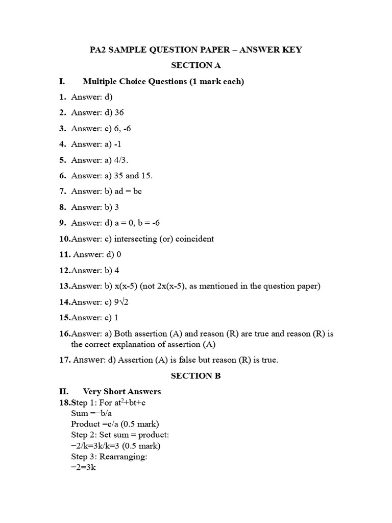 PA2 Sample Question Paper - Answer Key | PDF | Number Theory ...