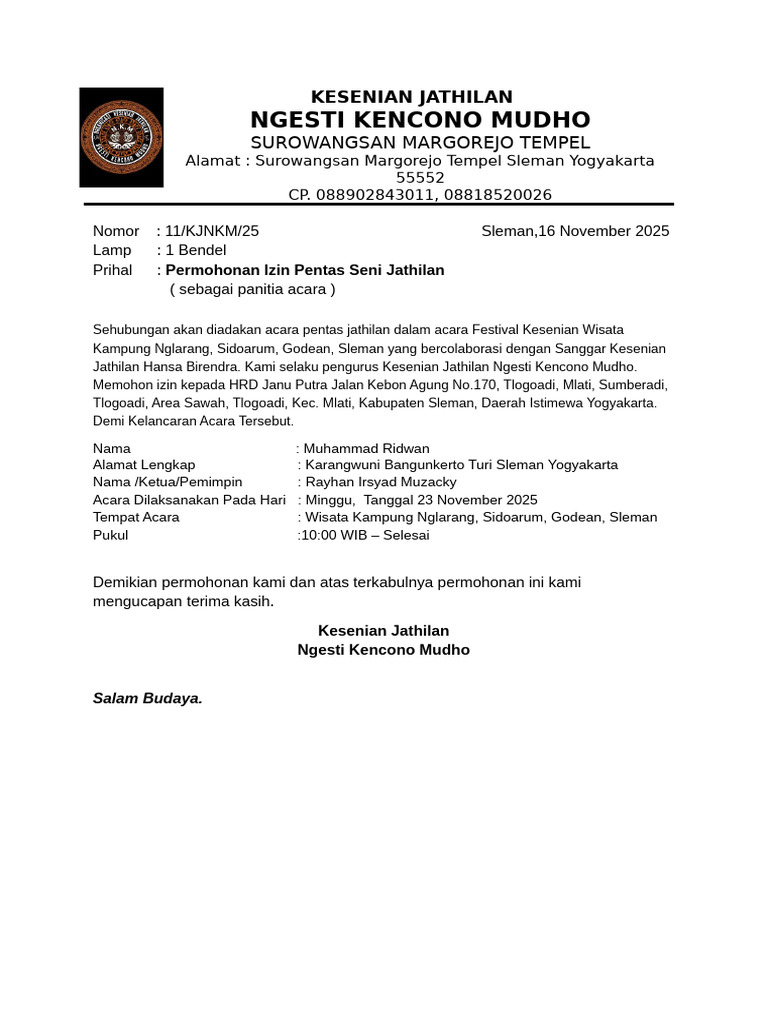 Permohonan Izin Pentas Jathilan Sleman | PDF