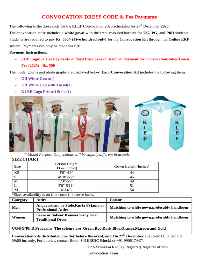 KLEF 2025 Convocation Dress Code & Fees | PDF