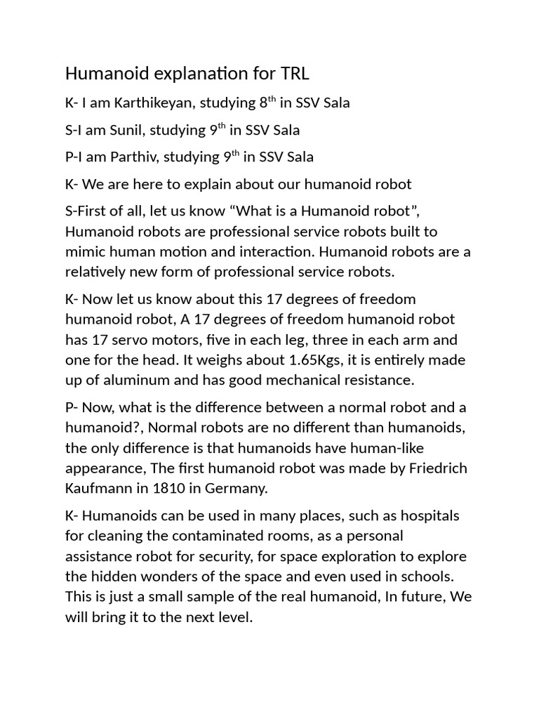 Humanoid Explanation for TRL | PDF