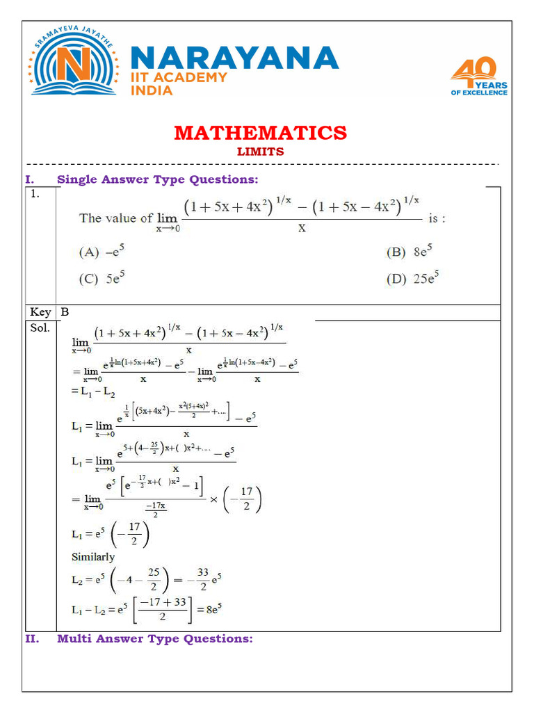 Mathematics Limits Question Keys | PDF