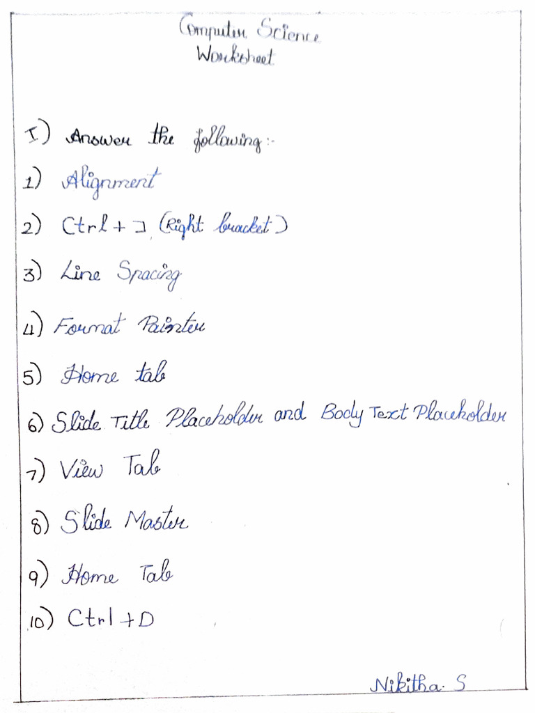 Nikitha. s 5A Computer Science Worksheet | PDF