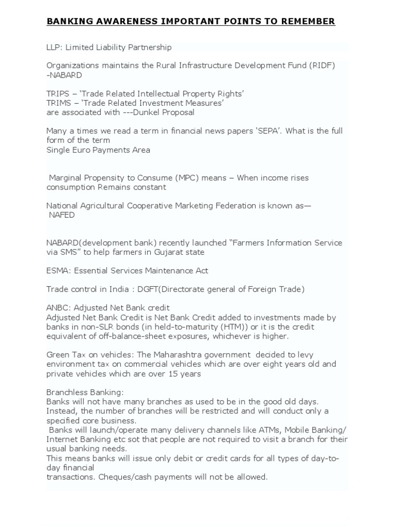 Banking Awareness Important Points To Remember | PDF | Credit (Finance) | Banks
