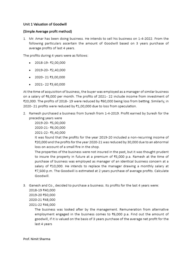 Unit 1 Valuation of Goodwill | PDF | Balance Sheet | Equity (Finance)