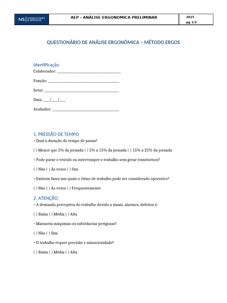 Questionário de Análise Ergonômica AEP | PDF