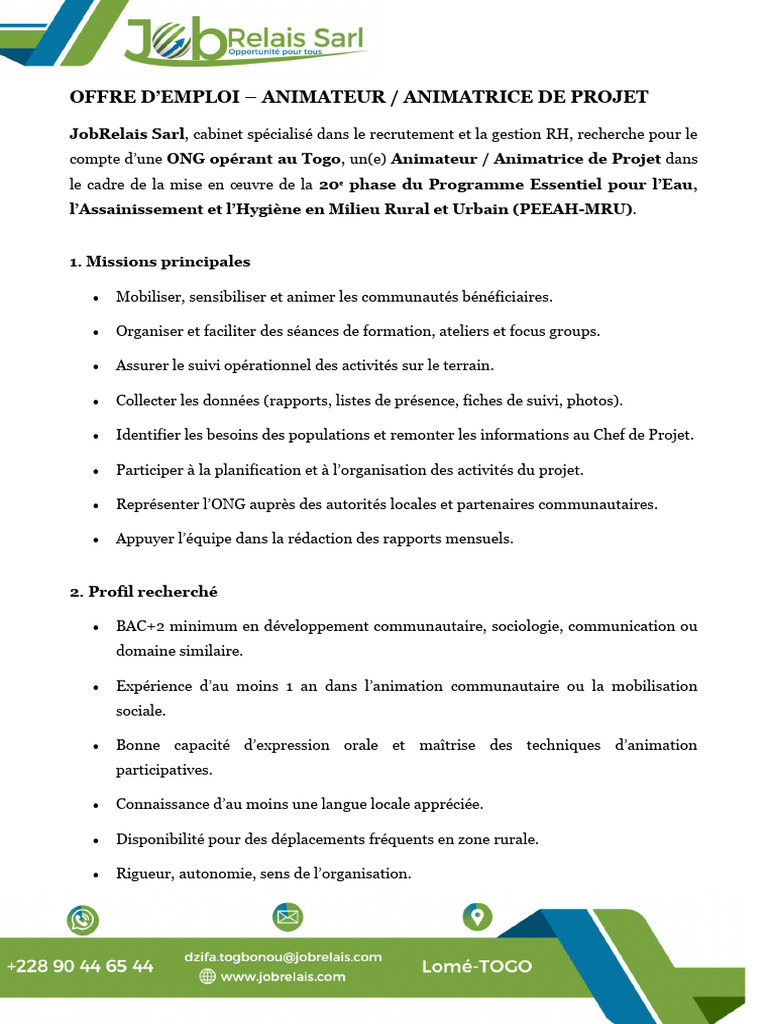 Offre d'emploi : Animateur de Projet Togo | PDF
