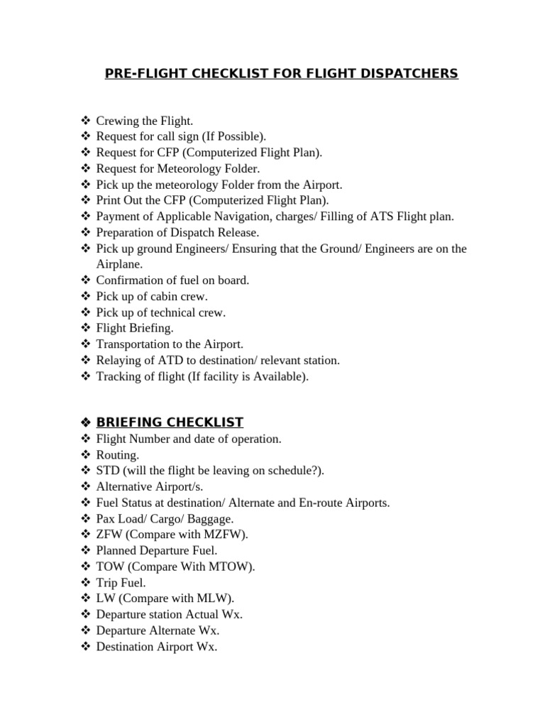Flight Dispatcher Pre-Flight Checklist | PDF