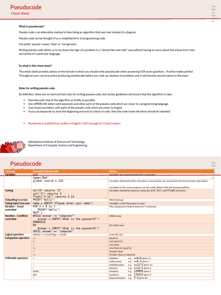 Pseudocode Cheat Sheet A4 (1) (1) | PDF | Constructor (Object Oriented Programming) | Programming