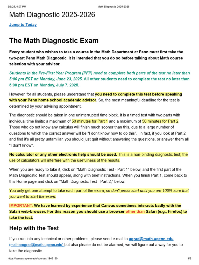 Penn Math Diagnostic Exam 2025-2026 | PDF | Mathematics