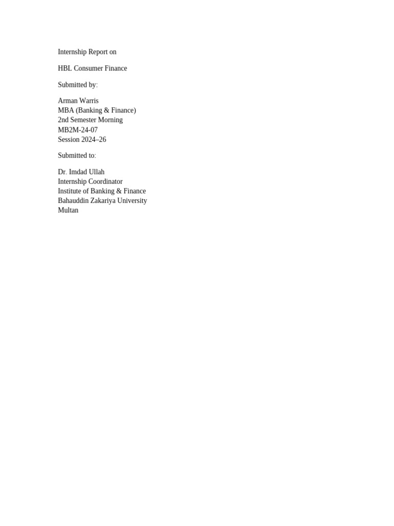 HBL Consumer Finance Internship Report | PDF