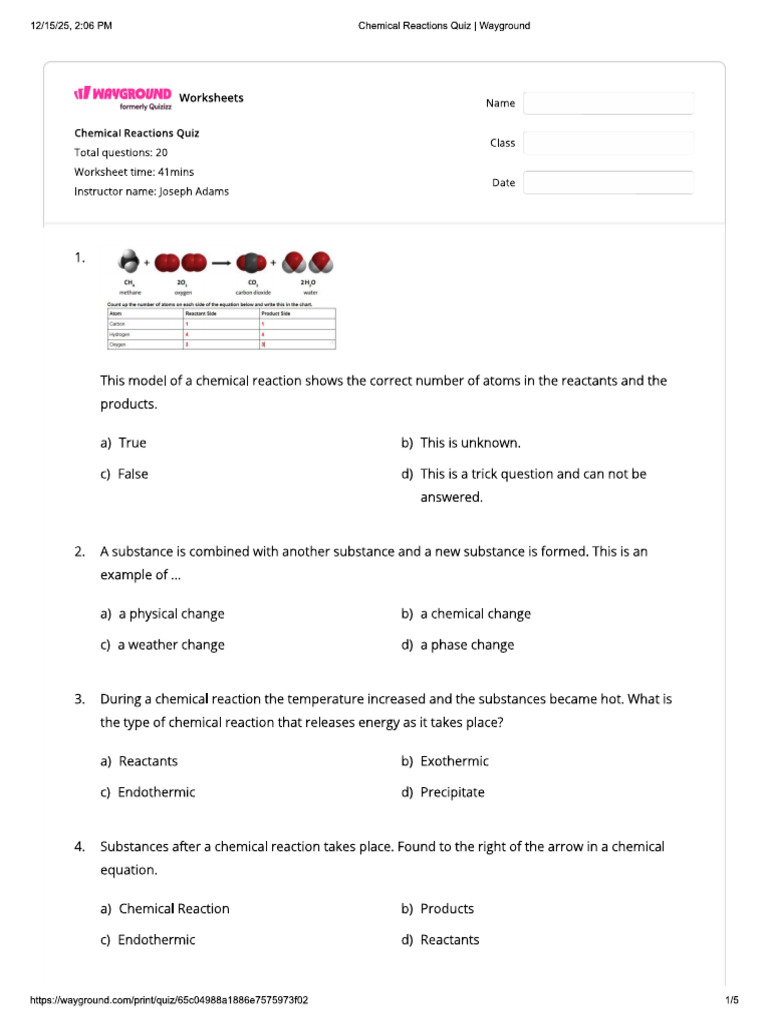 Chemical Reactions Test 2 | PDF