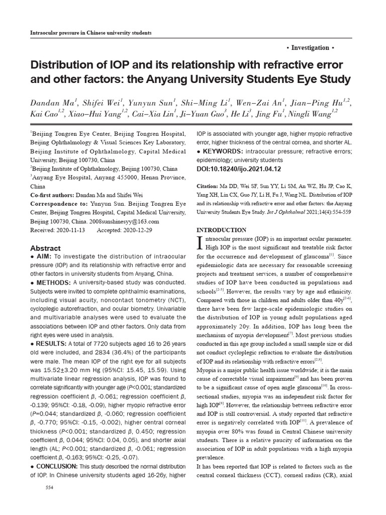 Distribution of IOP and Its Relationship With Refractive Error and ...