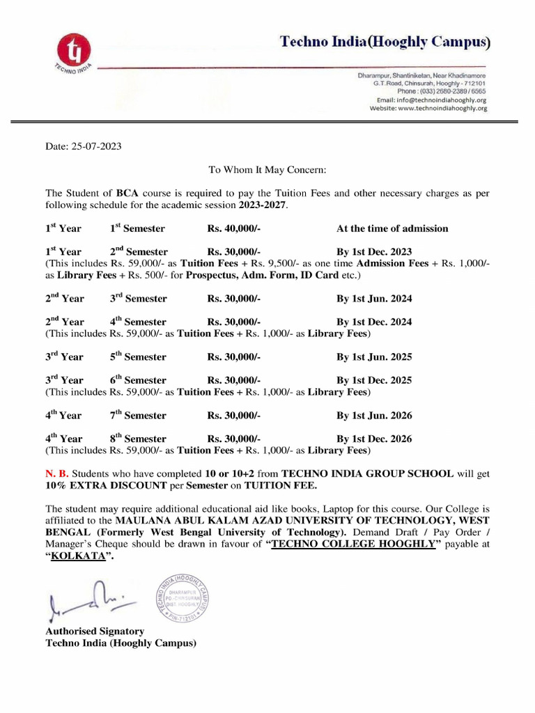 Tihc-152 Bca-2023 Fee Structure | PDF
