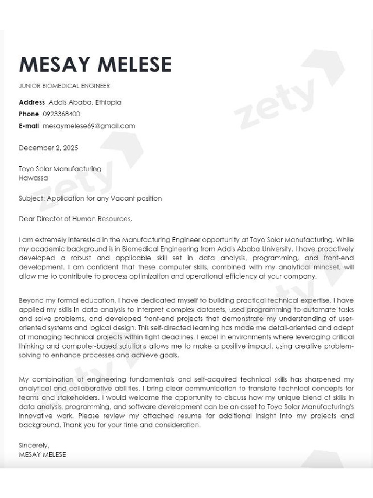 Mesay Melese - Toyo Solar Manufacturing | PDF