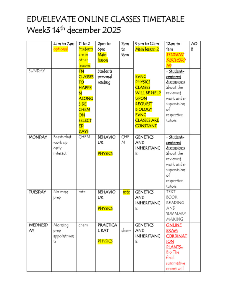 Eduelevate Week 3 Class Schedule | PDF