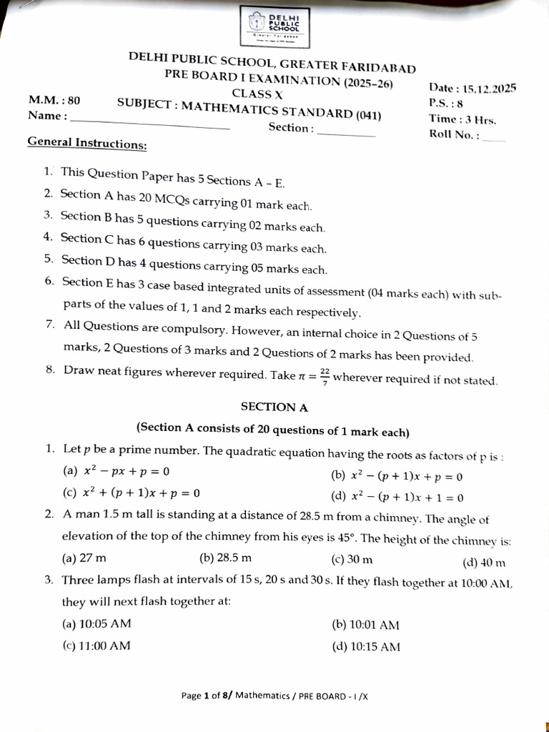 Pre Boards 1 Math DPSGF | PDF