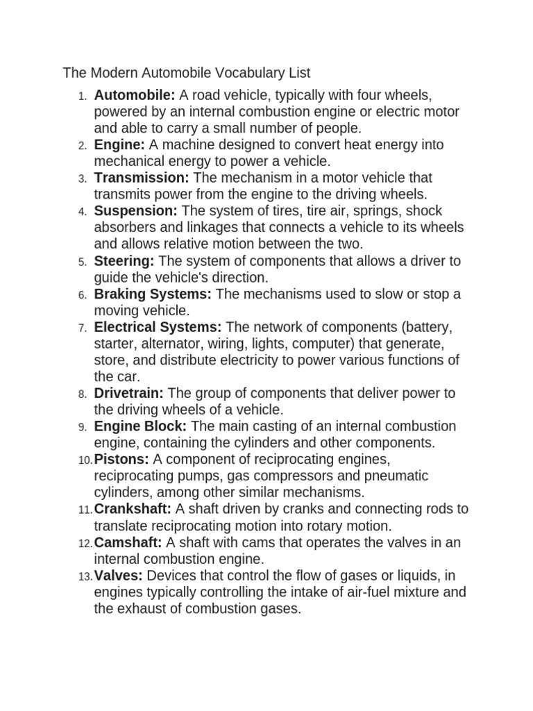 TheModernAutomobileVocabularyTermsDefinitionsEDITABLE-1 | PDF ...