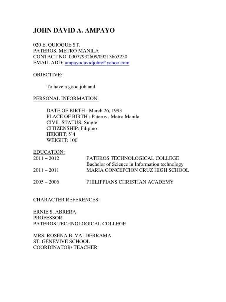 Resume of John David A. Ampayo | PDF | Social Science