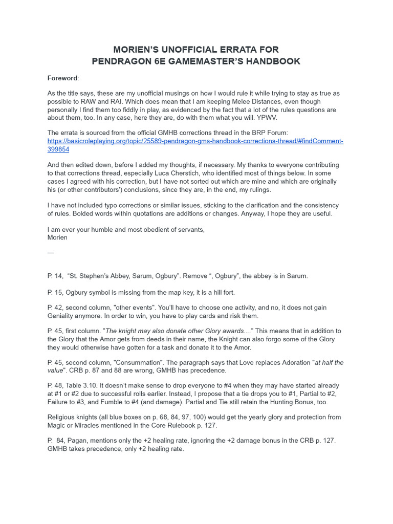 Pendragon 6E GM Handbook Errata | PDF | Spear | Knight