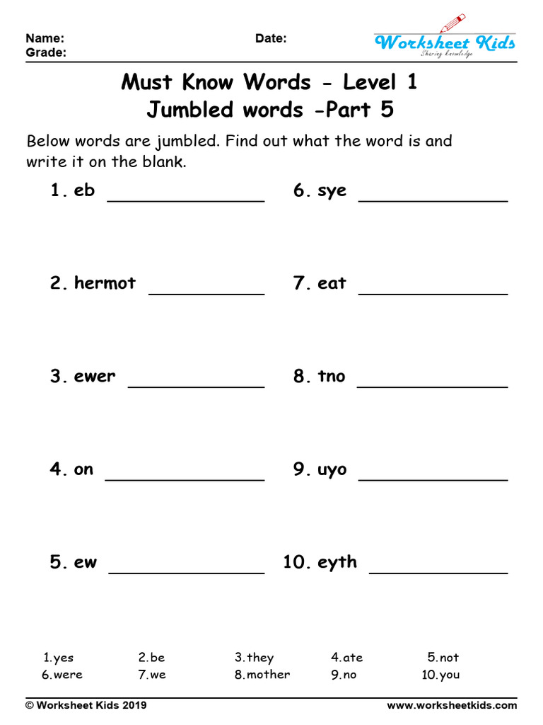 Level 1 Jumbled Words Worksheet | PDF