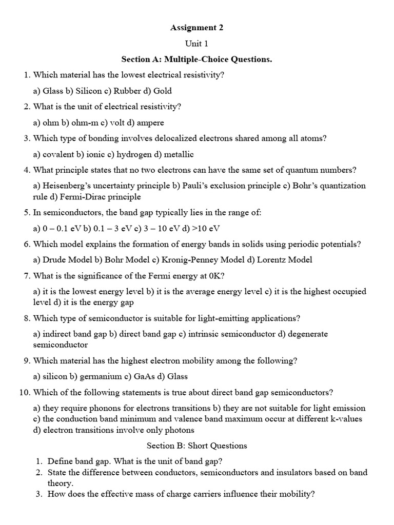 Assignment Unit 1 | PDF | Semiconductors | Band Gap