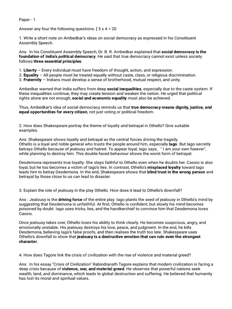 English 3rd Semester Question Bank | PDF | Othello | Iago