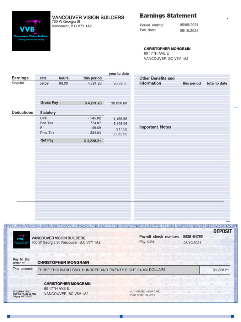 Payroll Earnings Statement for May 2024 | PDF | Payroll | Business