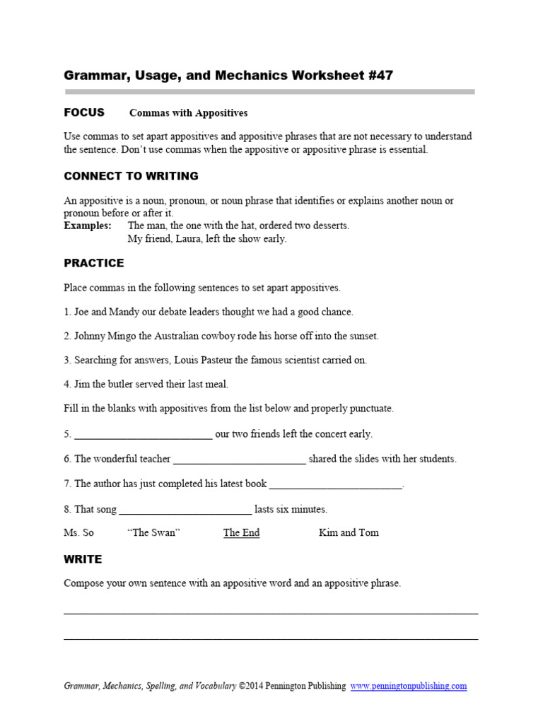Commas with Appositives Worksheet | PDF | Comma | Phrase