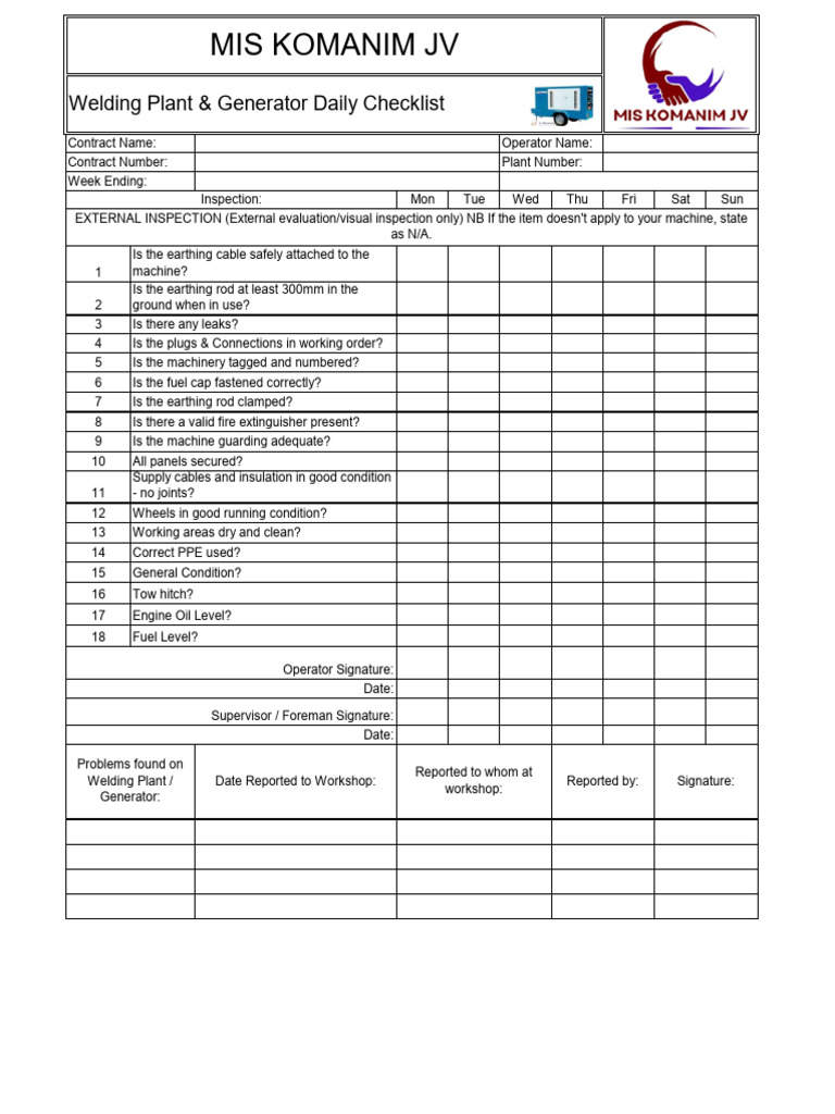 Welding Plant Daily Checklist Template | PDF