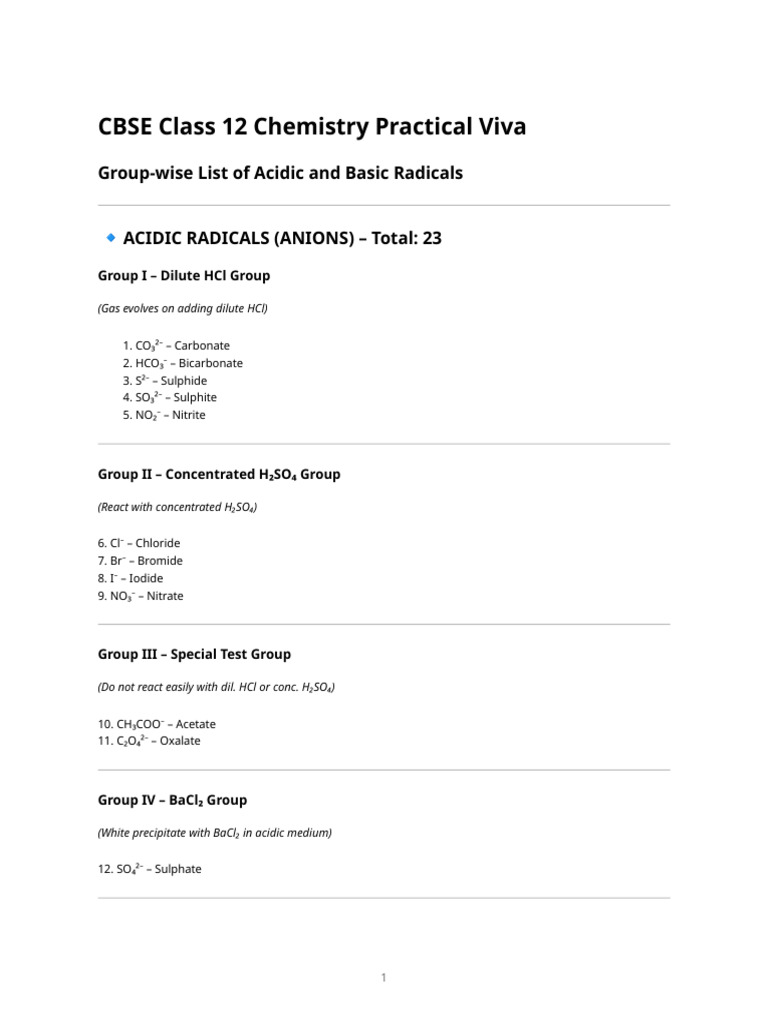 Cbse Class 12 Chemistry Viva - Group-Wise Acidic & Basic Radicals | PDF
