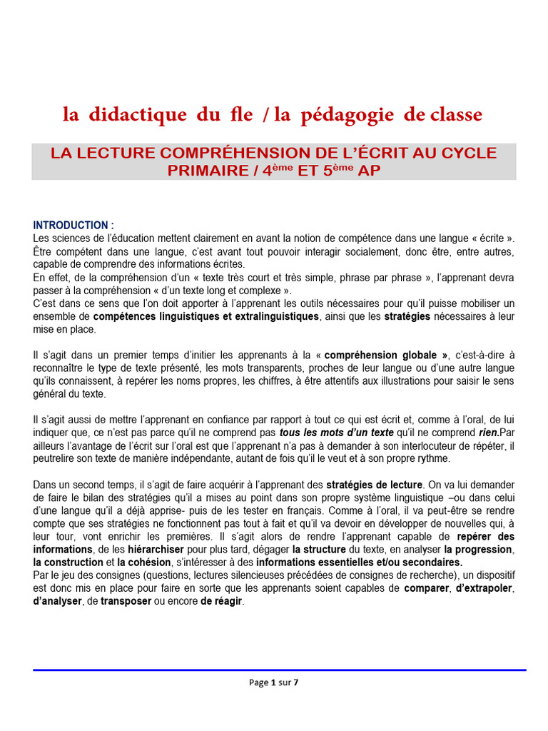 Compréhension écrite au cycle primaire | PDF | Lexique | Apprentissage