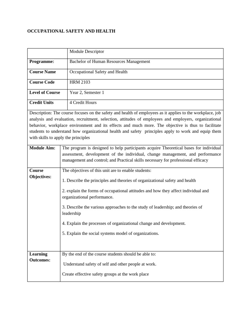 Occupational Safety and Health Course Outline | PDF | Leadership ...
