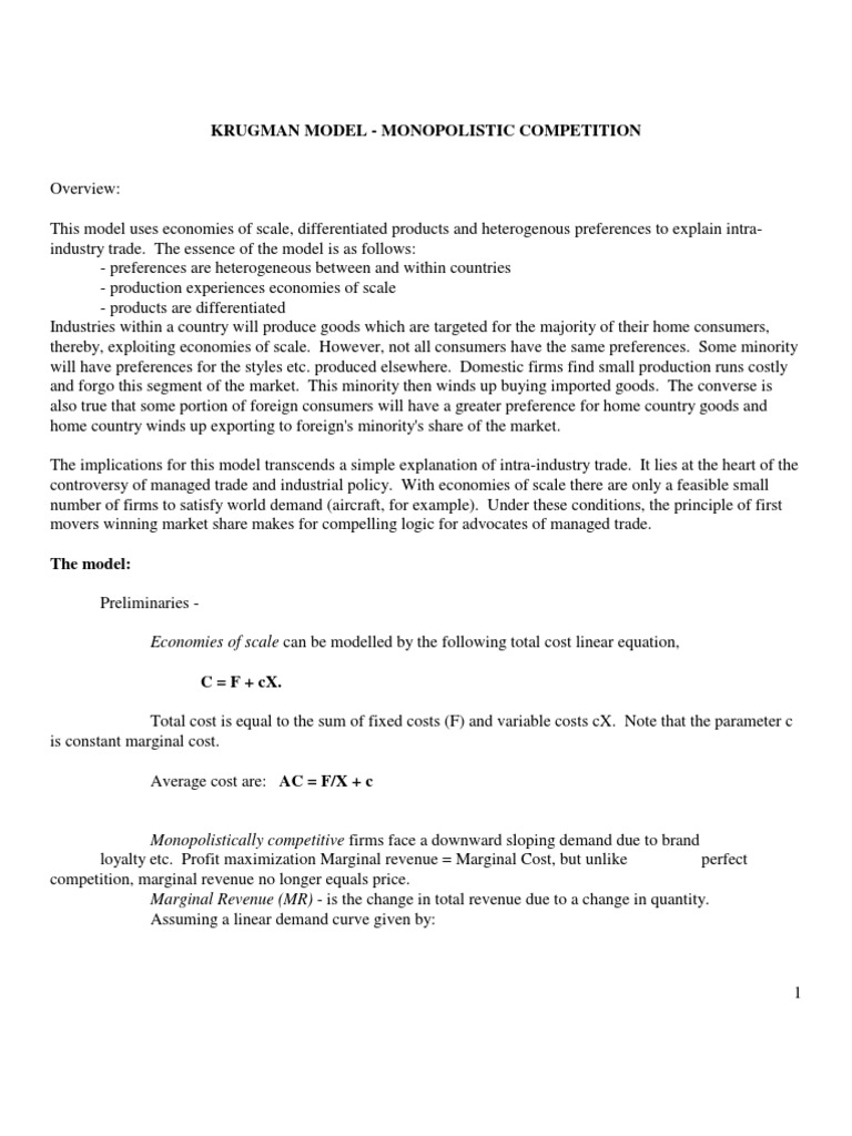 An Introduction to Krugman's Model of Monopolistic Competition and ...