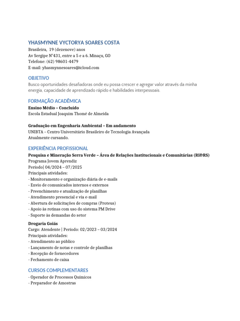 Currículo de Yhasmynne Soares Costa | PDF