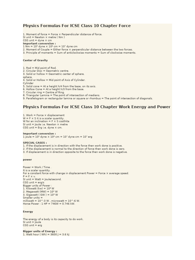 ICSE Class 10 Physics Formulas Guide | PDF