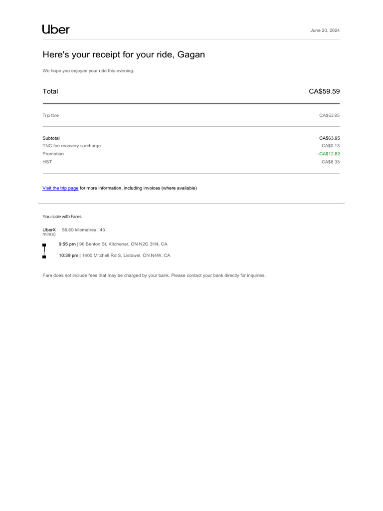 Uber Ride Receipt for Gagan - June 2024 | PDF