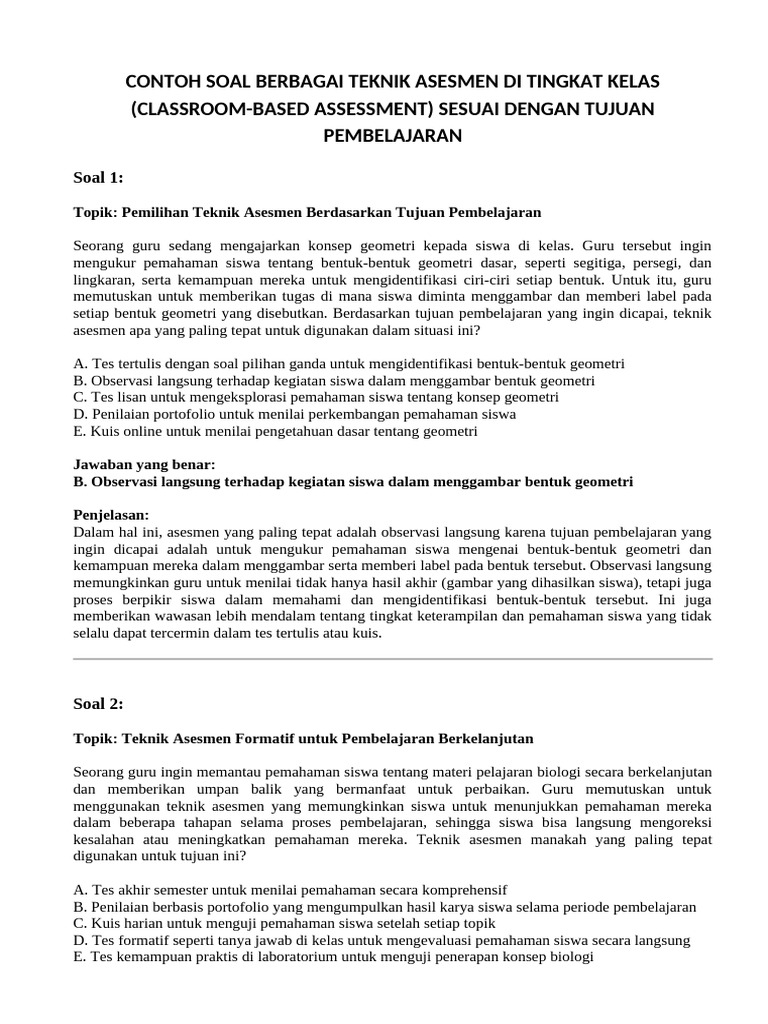 Contoh Soal Berbagai Teknik Asesmen Di Tingkat Kelas (Classroom-Based ...