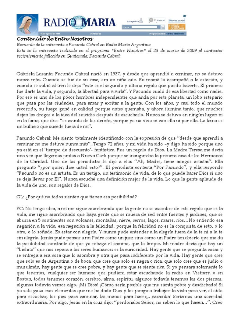 Ultima Entrevista A Facundo Cabral | PDF | Madre Teresa | Felicidad