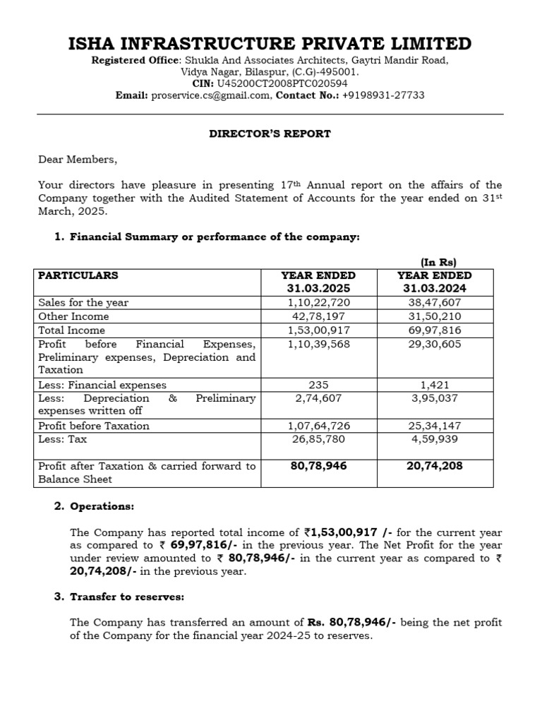 Director's Report Isha 2024-25 | PDF | Internal Audit | Audit