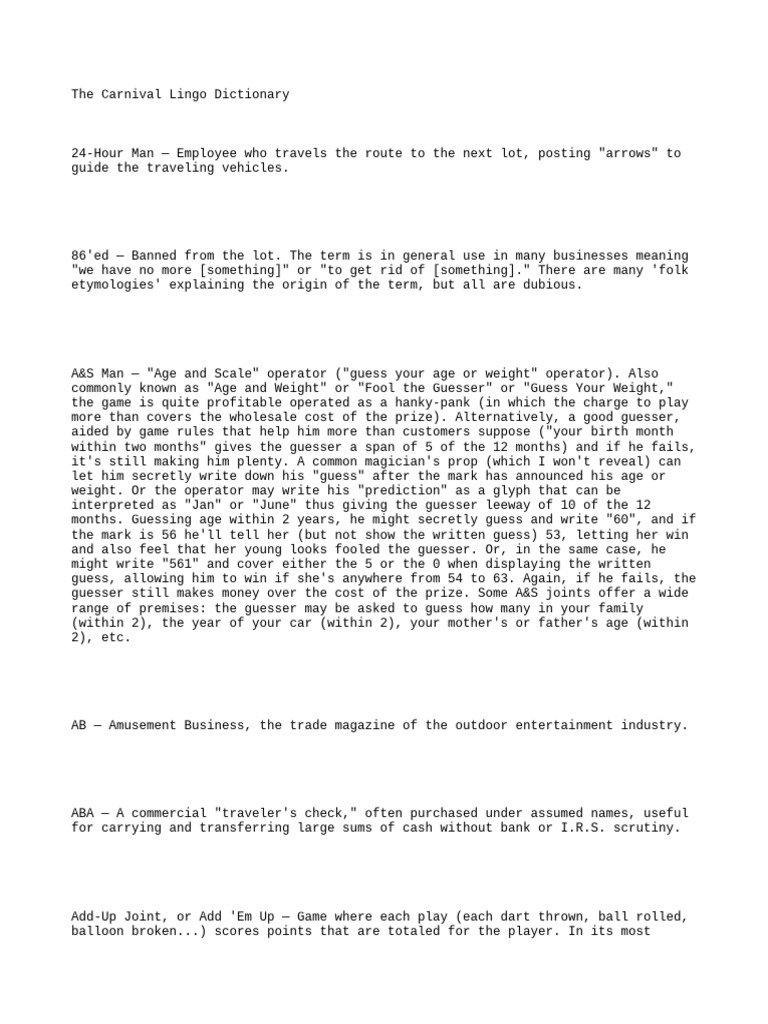 Carnival Lingo Dictionary | PDF